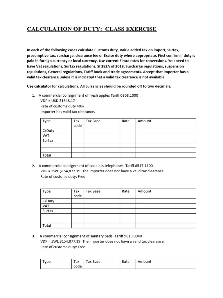 Calculation of Duty Class Exercise 1 | PDF | Value Added Tax | Customs