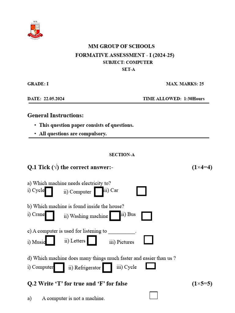 Grade 1 Compute Paper Final | PDF