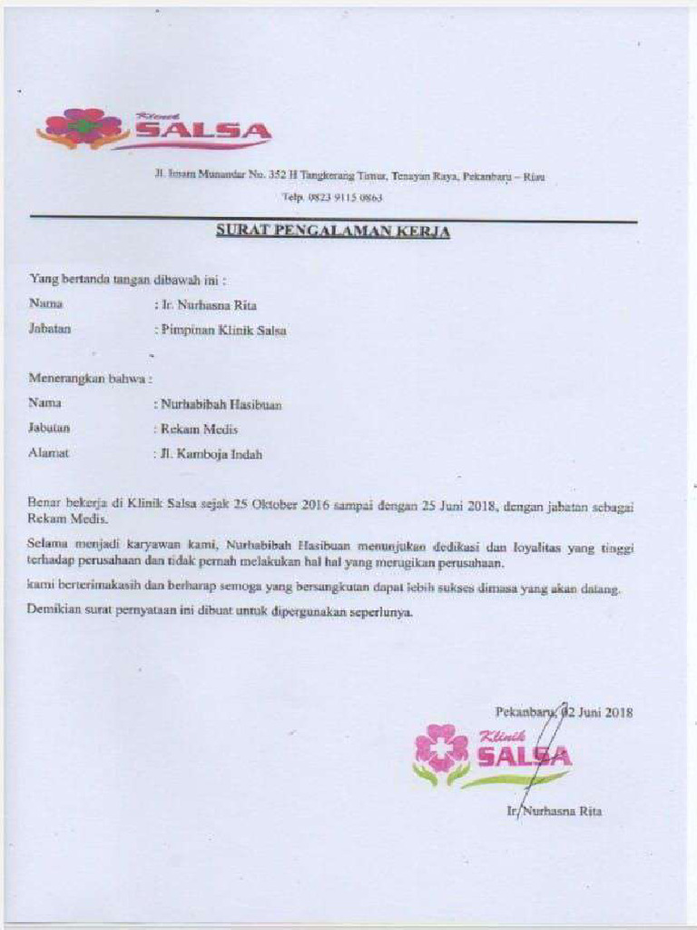 Surat Pengalaman Kerja Klinik Salsa | PDF