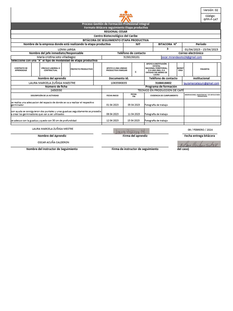 GFPI-F-147 - Formato - Bitácora - Etapa - Productiva - V3 Lau | PDF