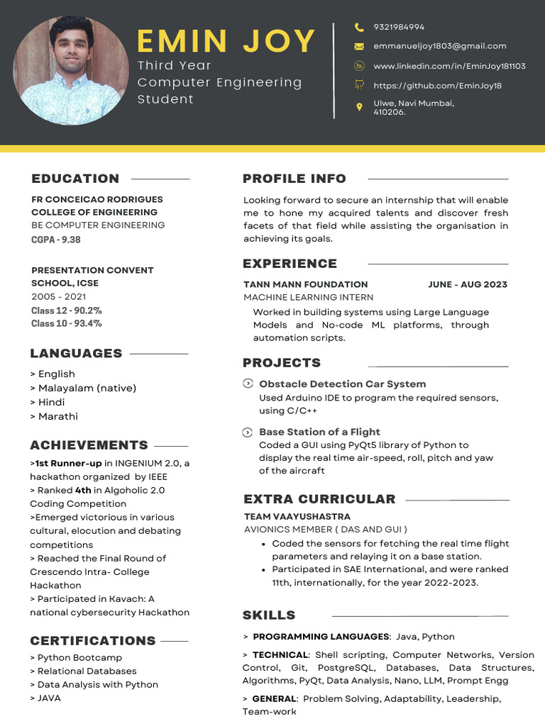 9547 - Emin Joy - Resume | PDF | Python (Programming Language) | Computer Programming