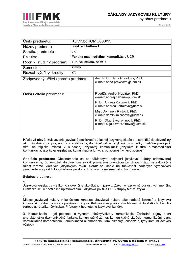 Bc1 Jazykova-Kultura-I ZS KOMU Habinak-1 | PDF