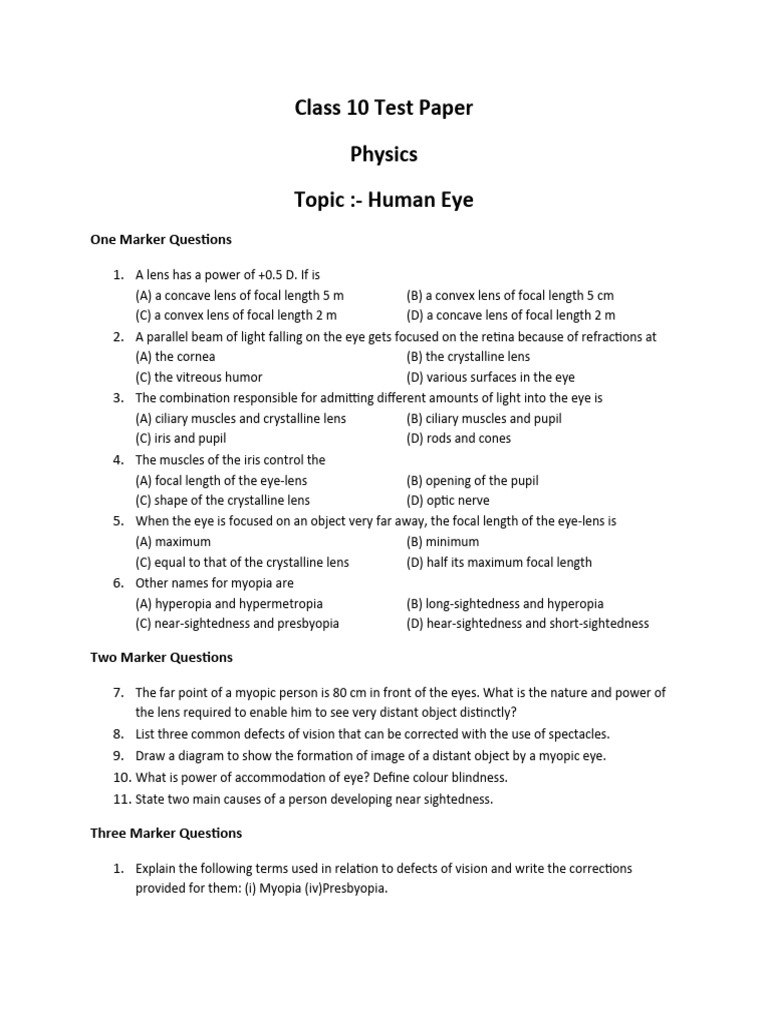 Class 10 Human Eye Test Paper | PDF | Myopia | Eye