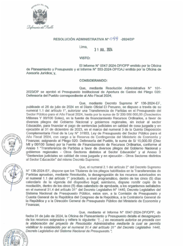 RESOLUCION ADMINISTRATIVA No.0099 2024 DP | PDF