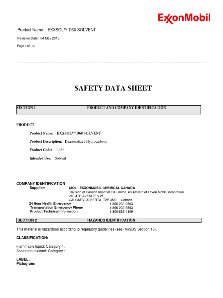 Exxsol D60 Solvent Exxsoln Mobil Exp May2021 | PDF | Firefighting | Water