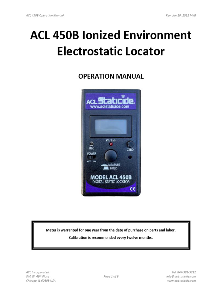 ACL Staticide ACL-450B Operation Manual | PDF | Voltage | Calibration