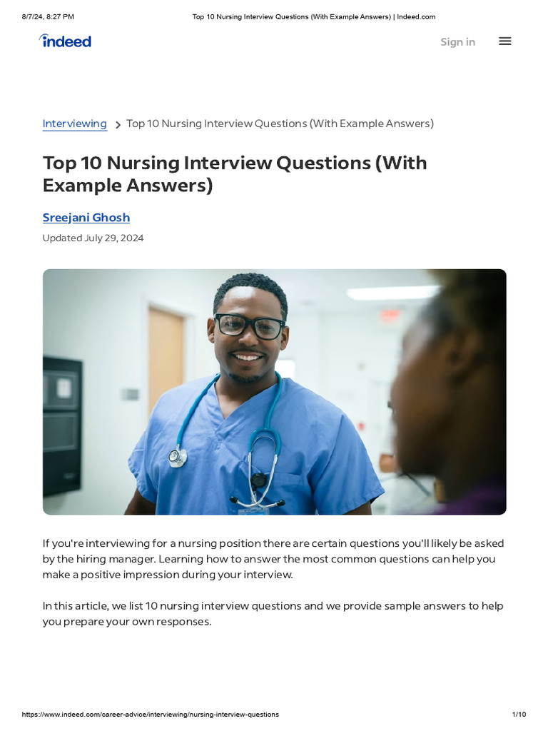 Top 10 Nursing Interview Questions (With Example Answers) | PDF ...