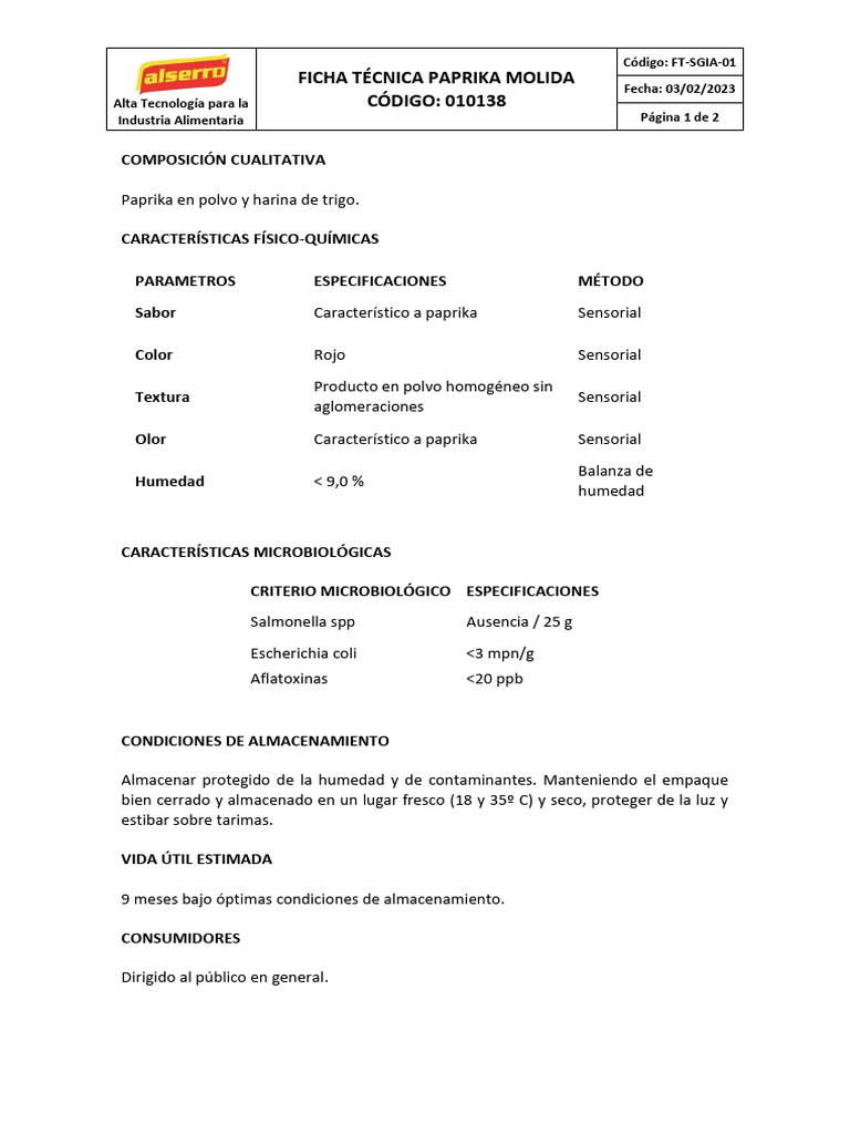 Ficha técnica paprika | PDF | Alimentos