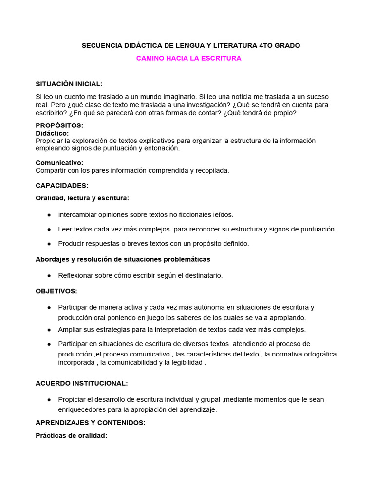 Secuencia Didactica de Lengua y Literatura 4to Grado (Abril) | PDF ...