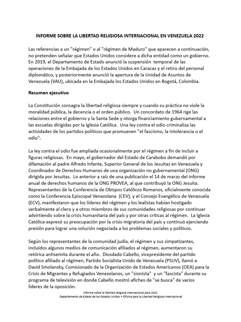 INFORME INTERNACIONAL DE LIBERTAD RELIGIOSA VENEZUELA 2022 Cac | PDF | Venezuela | Antisemitismo