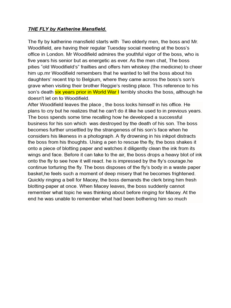 THE FLY by Katherine Mansfield | PDF