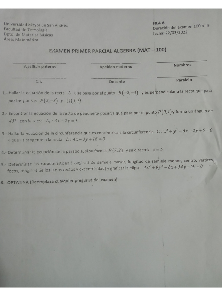 Examenes Pasados Algebra Mat-100 | PDF