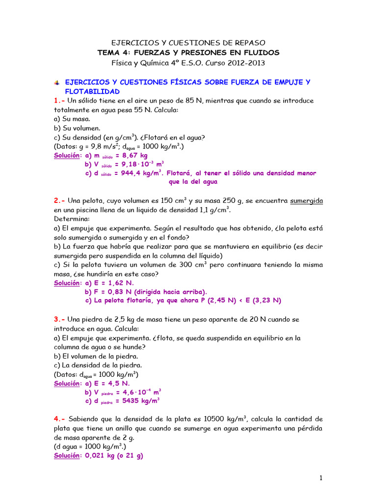 EJERCICIOS TIPO DE REPASO - Tema 4 FyQ - 4º ESO - 24-25 | PDF | Flotabilidad | Densidad