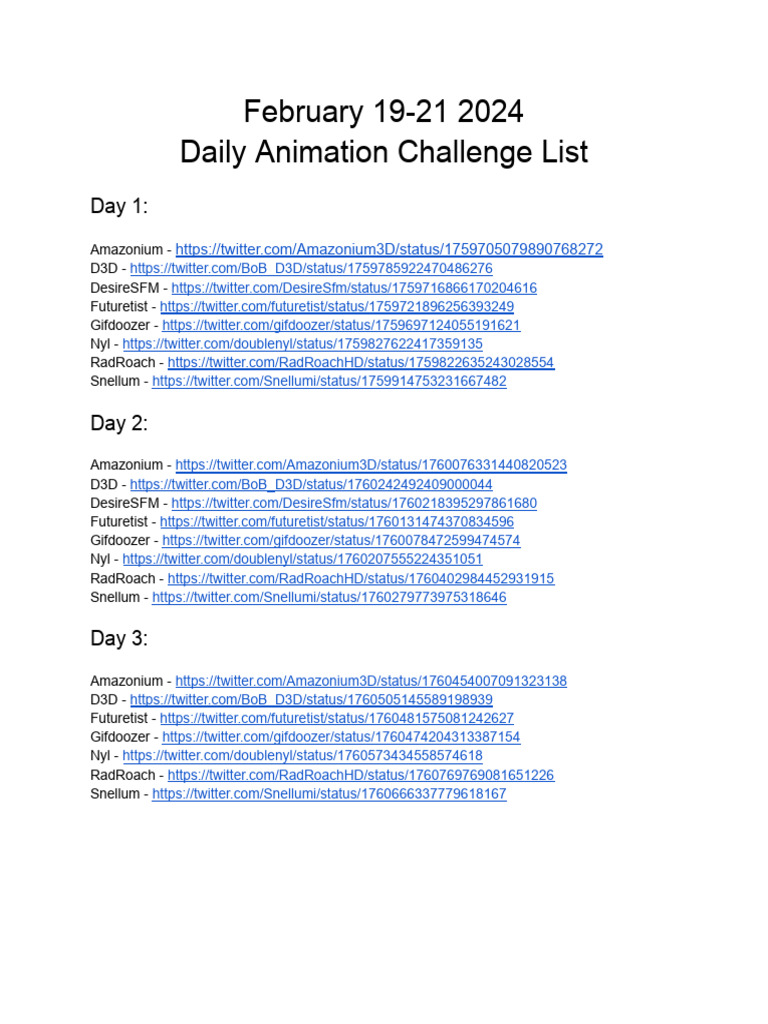 February 2024 Daily Animation Challenge List | PDF