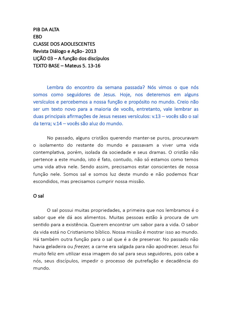 Lição 03 - As Funções Dos Discipulos | PDF | Sermão no Monte | Jesus