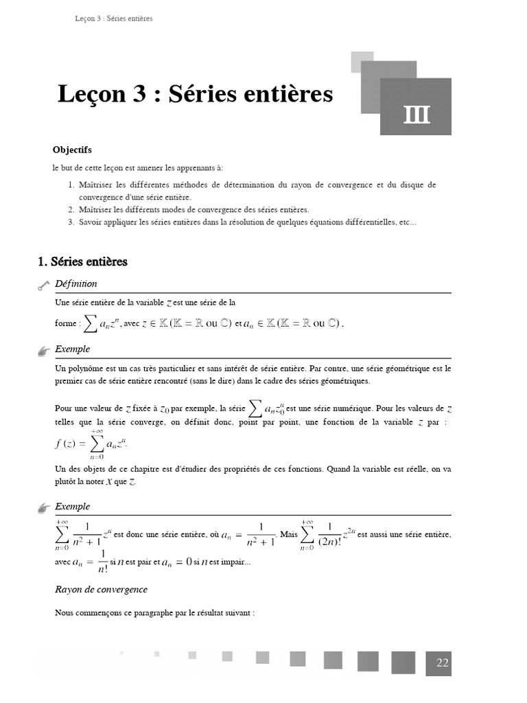 Séries Entières : Convergence et Applications | PDF | Série entière ...