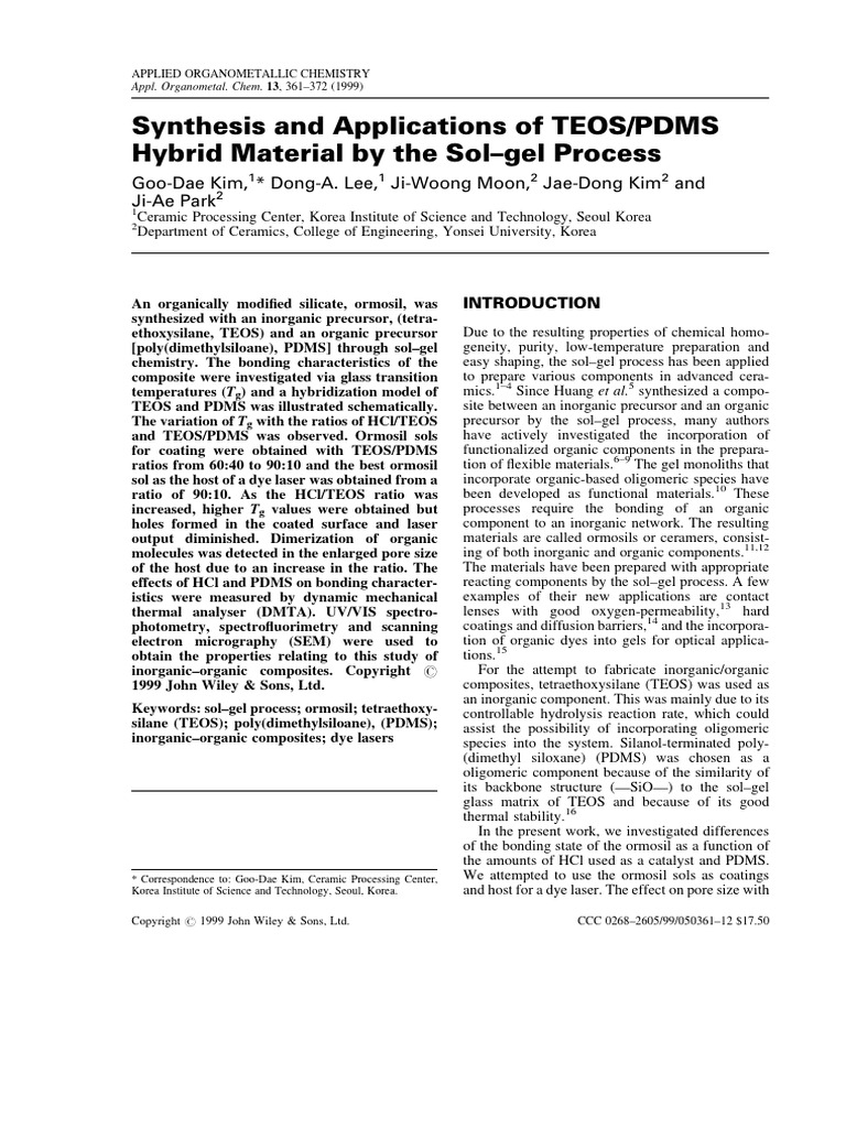 G.KIM (1999) - Synthesis and Applications of TEOS-PDMS Hybrid Materials by Sol-Gel Process | PDF ...