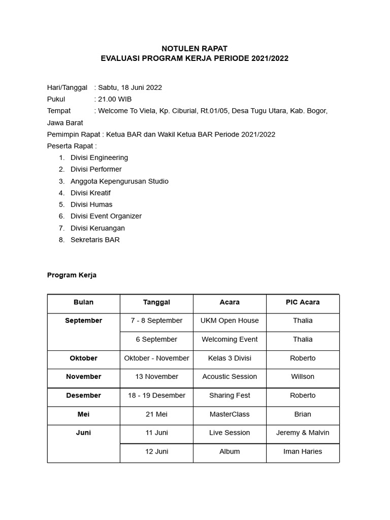 Evaluasi Proker Bar Periode 2021 - 2022 | PDF