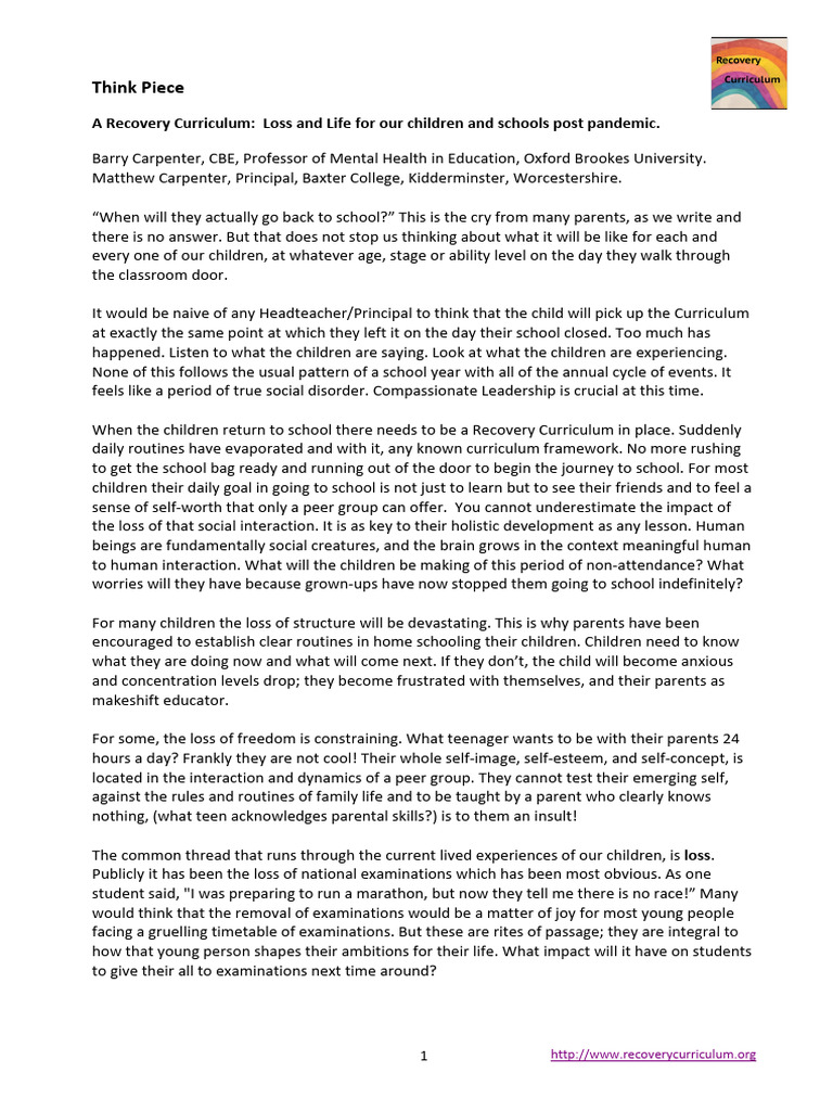 Recovery Curriculum for Post-Pandemic Kids | PDF | Psychological Trauma ...
