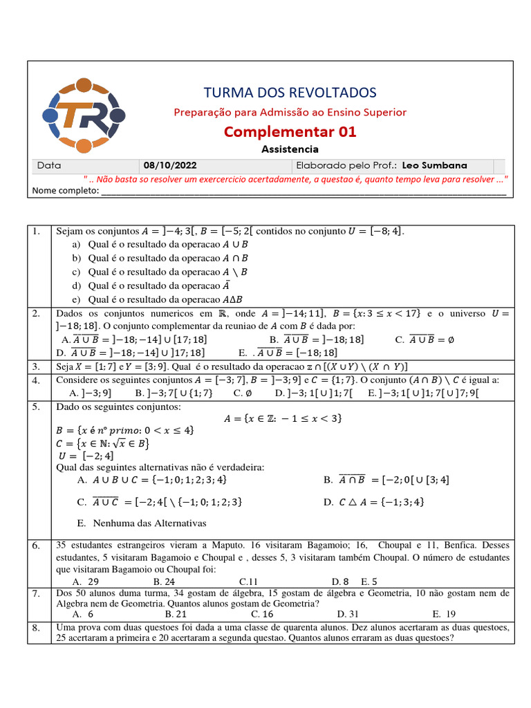 TR - Ficha Complementar 01 | PDF | Matemática | Matemática elementar