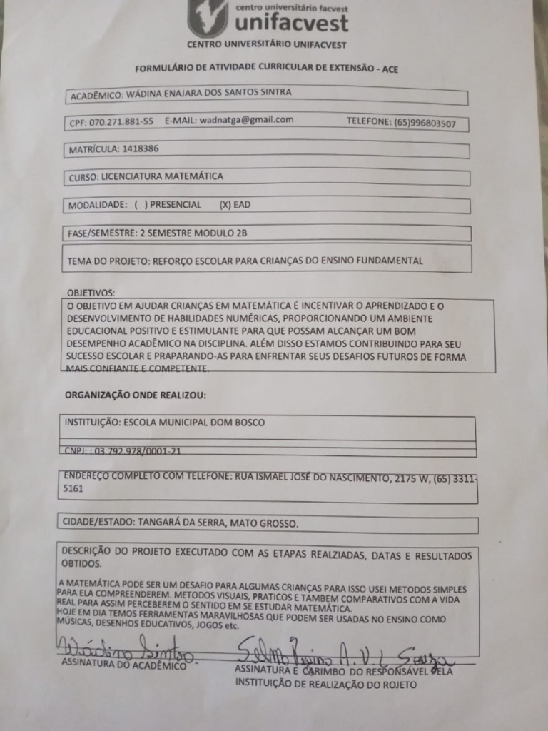 Atividade Extensão Curricular Unifacvest | PDF