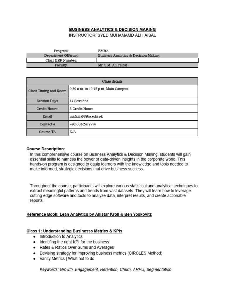 EMBA - Business Analytics & Decision Making Course Outline | PDF | Data Analysis | Analytics