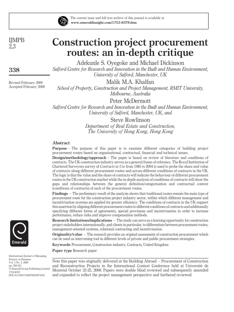 Construction project procurement routes - an in-depth critique | PDF ...
