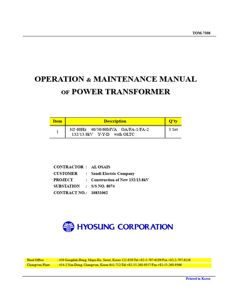 Operation & Maintenance Manual - AL OSAIS - 8074 | PDF | Transformer | Vacuum