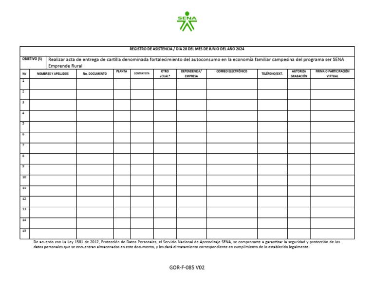 GOR-F-085RegistrodeAsistenciaV02 | PDF