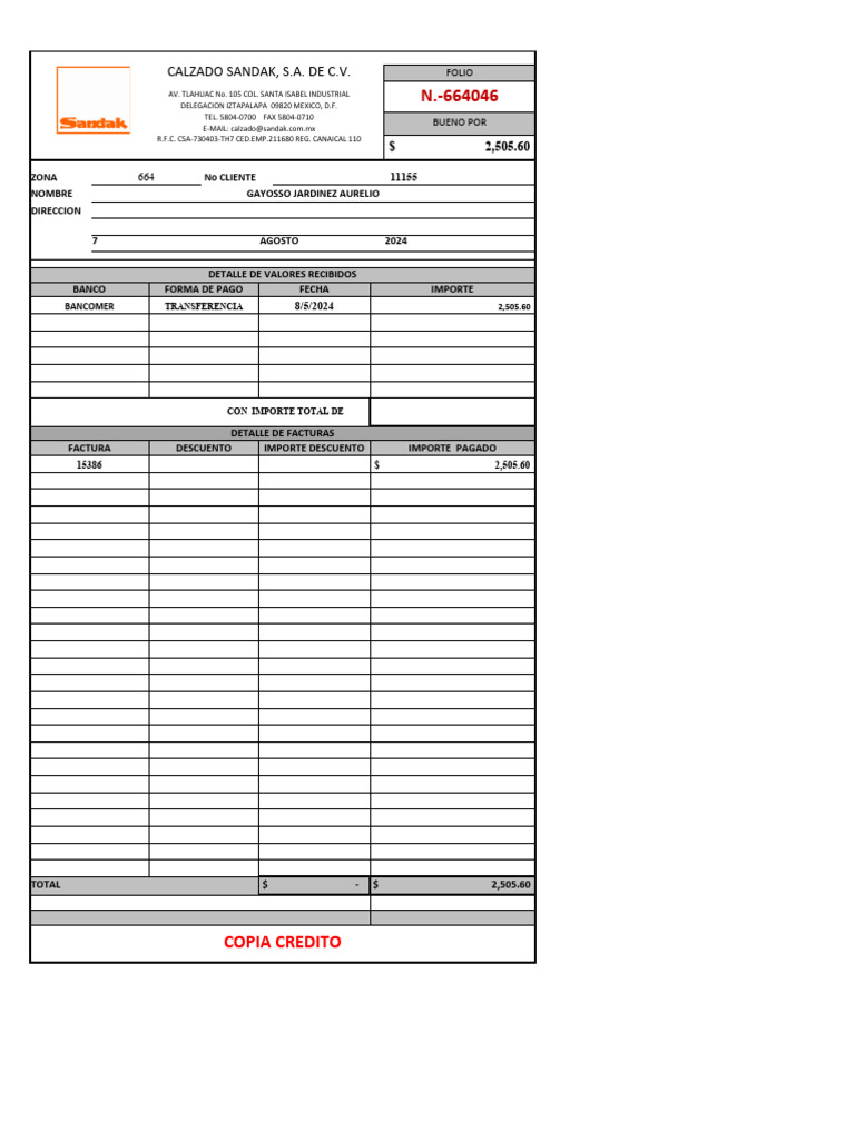 Calzado Sandak, S.A. de C.V.: Copia Credito | PDF
