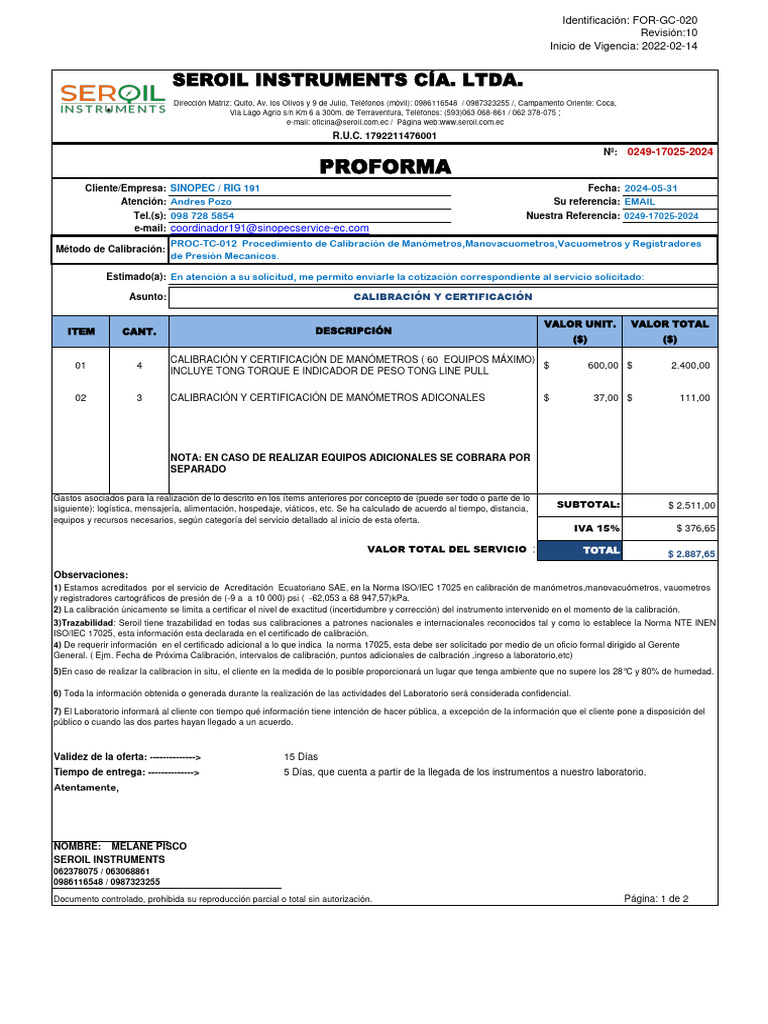 Proforma 0249 Rev.5calibración y Certificación de Manómetro | PDF ...