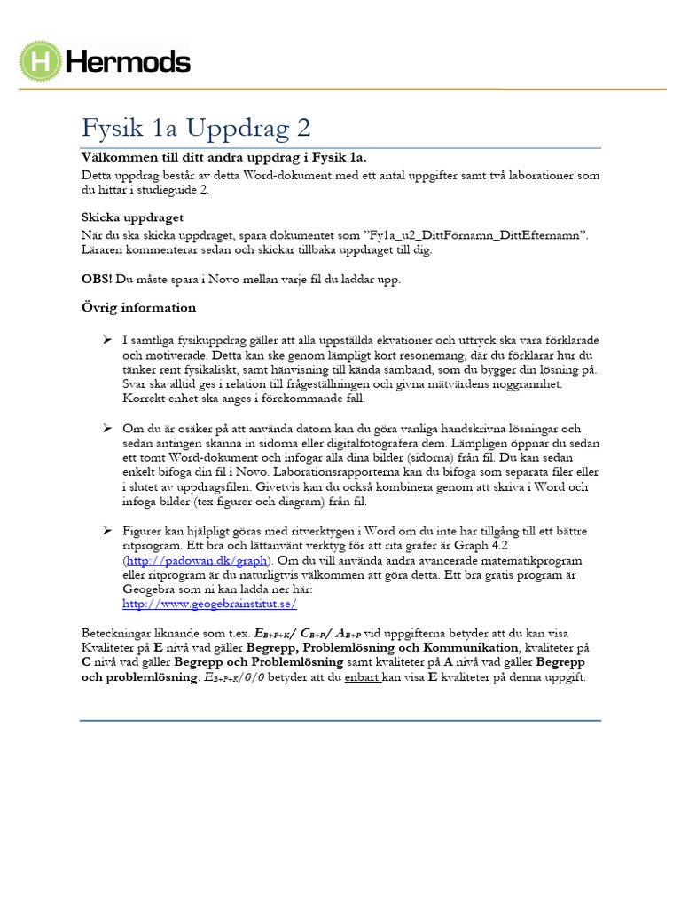 Fysik 1a Uppdrag 2 | PDF