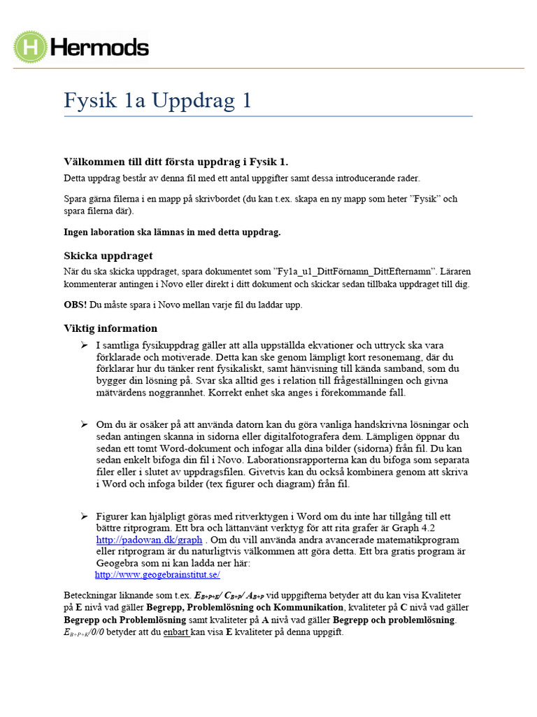Fysik 1a Uppdrag 1 | PDF