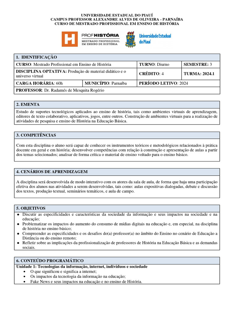 Plano de Curso Da Disciplina Produo de Material Didtico e o Universo Virtual | PDF | Mestrado ...