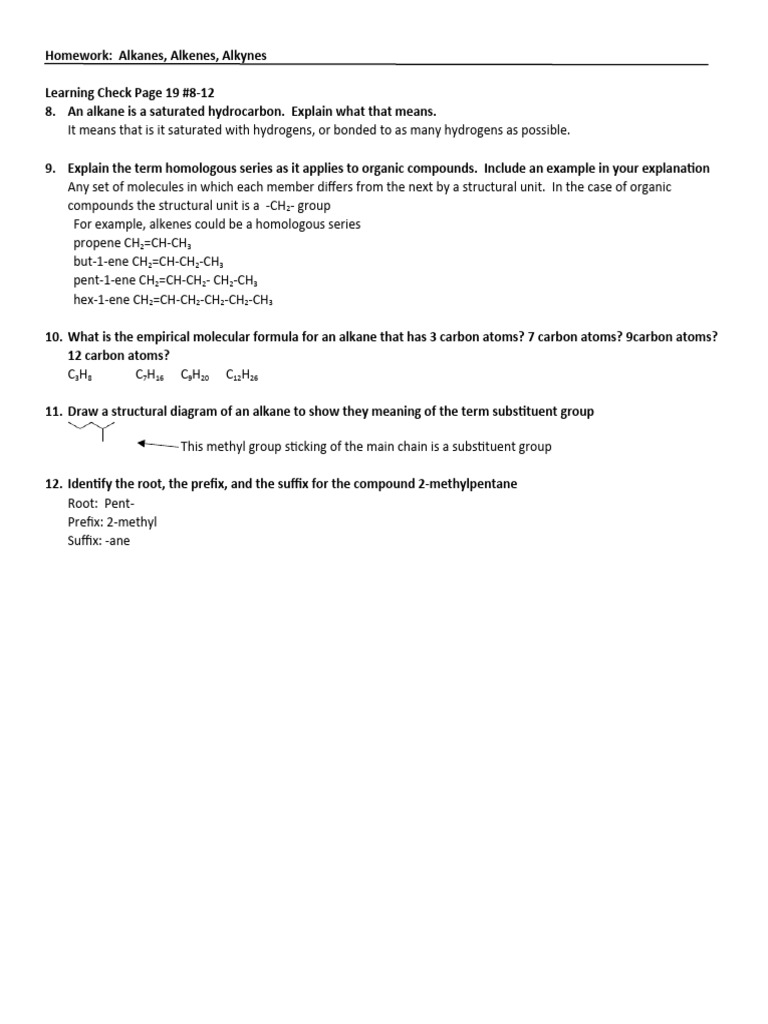 Homework Alkanes Alkenes Alkynes 1 | PDF | Alkene | Methyl Group