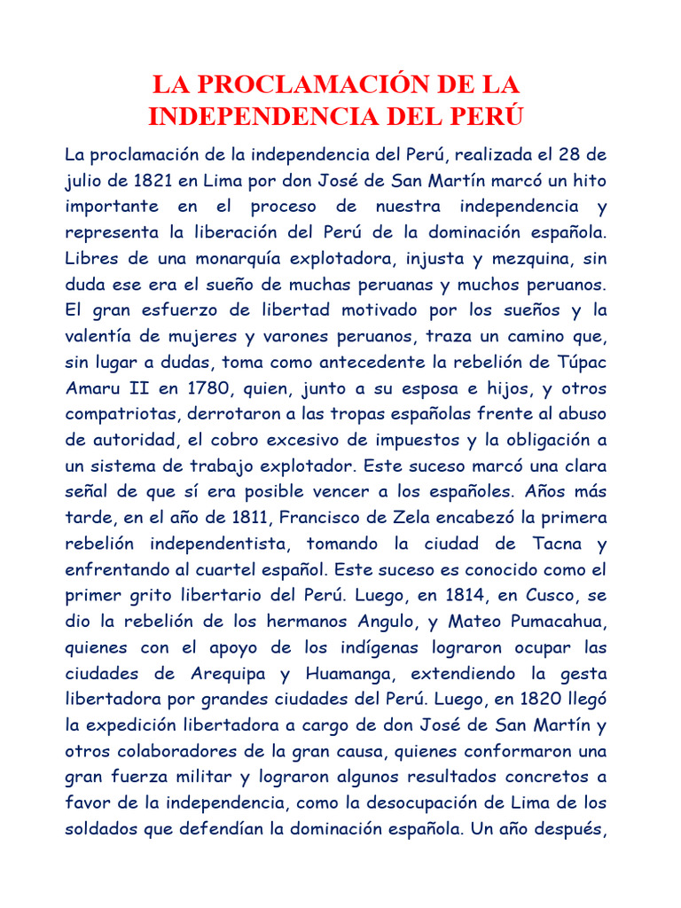 La Proclamación de La Independencia Del Perú | PDF | Perú