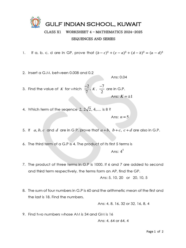 Class XI Math Worksheet: Sequences | PDF | Mean | Arithmetic