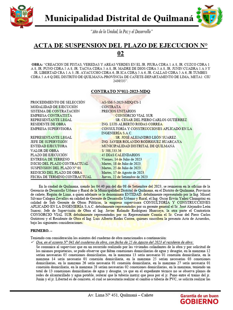 Acta de Suspension de Obra #02 | PDF | Ingeniería hidráulica | Administracion del Agua