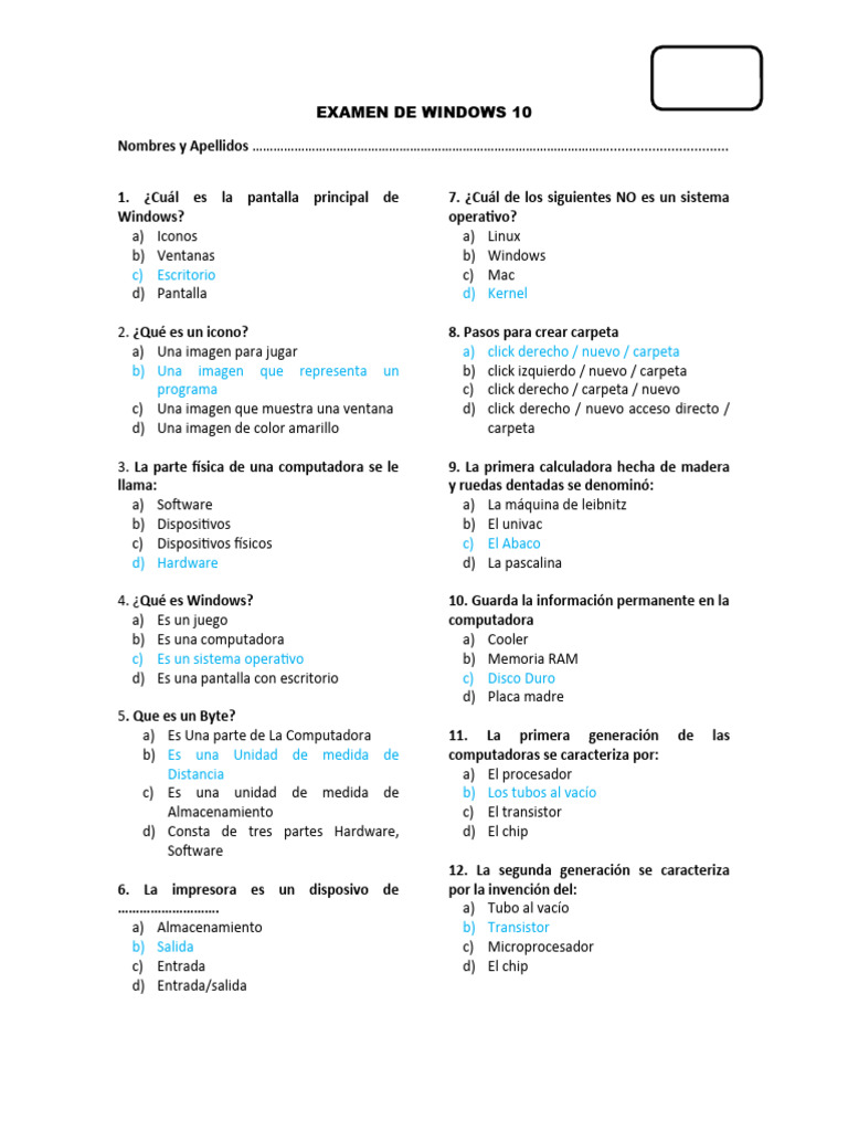 EXAMEN-DE-WINDOWS Gradao Sexto 2024 | PDF | Hardware de la computadora | Almacenamiento de datos ...