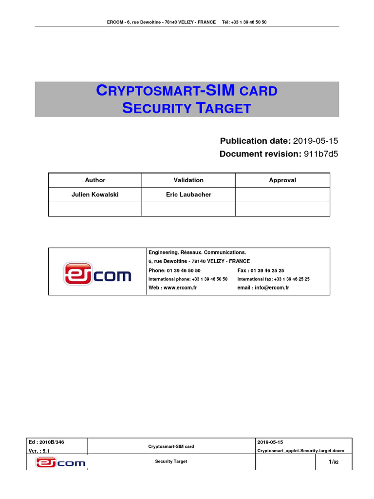 Cryptosmart-SIM Card Security Target | PDF | Key (Cryptography) | Smart ...