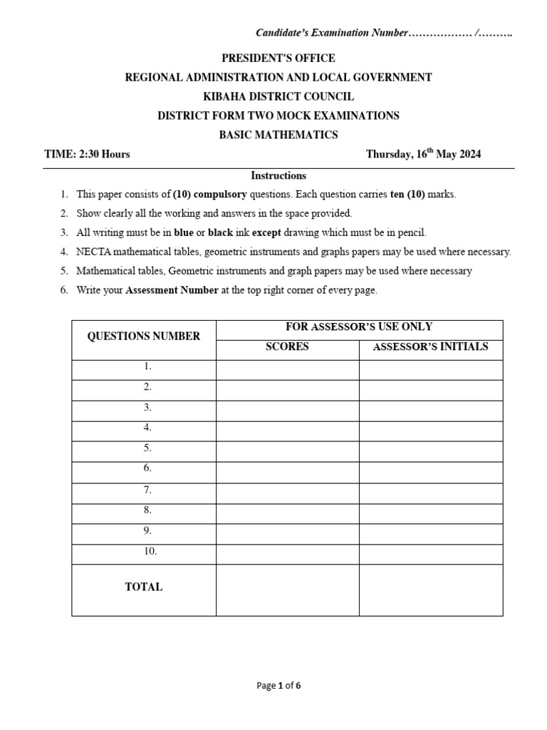 Form Two Math Mock Exam | PDF | Mathematics