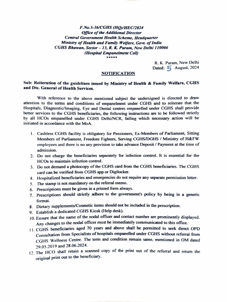 CGHS Guidelines Reiteration Notification | PDF | Social Programs ...