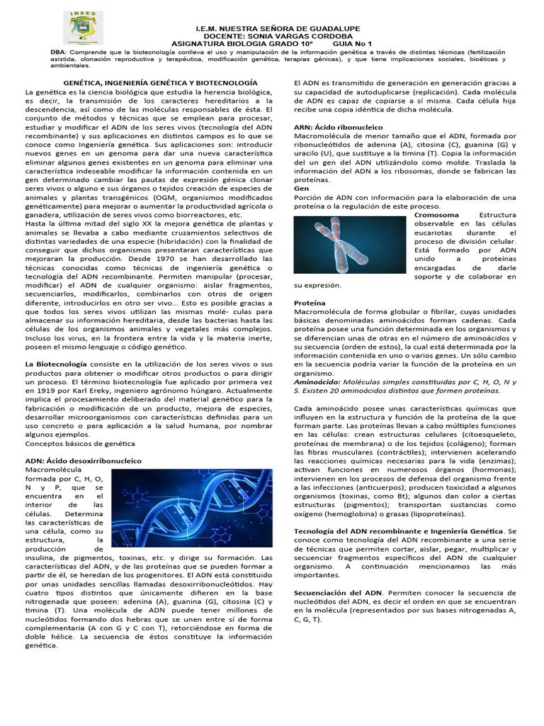 Guia 1. Aplicaciones de La Genetica y Sus Implicaciones | PDF | Adn ...