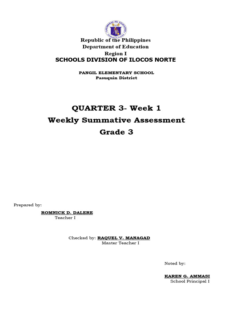 G3 Weekly Assessment Q3 Week 1 Math Ap Fil Esp MTB | PDF