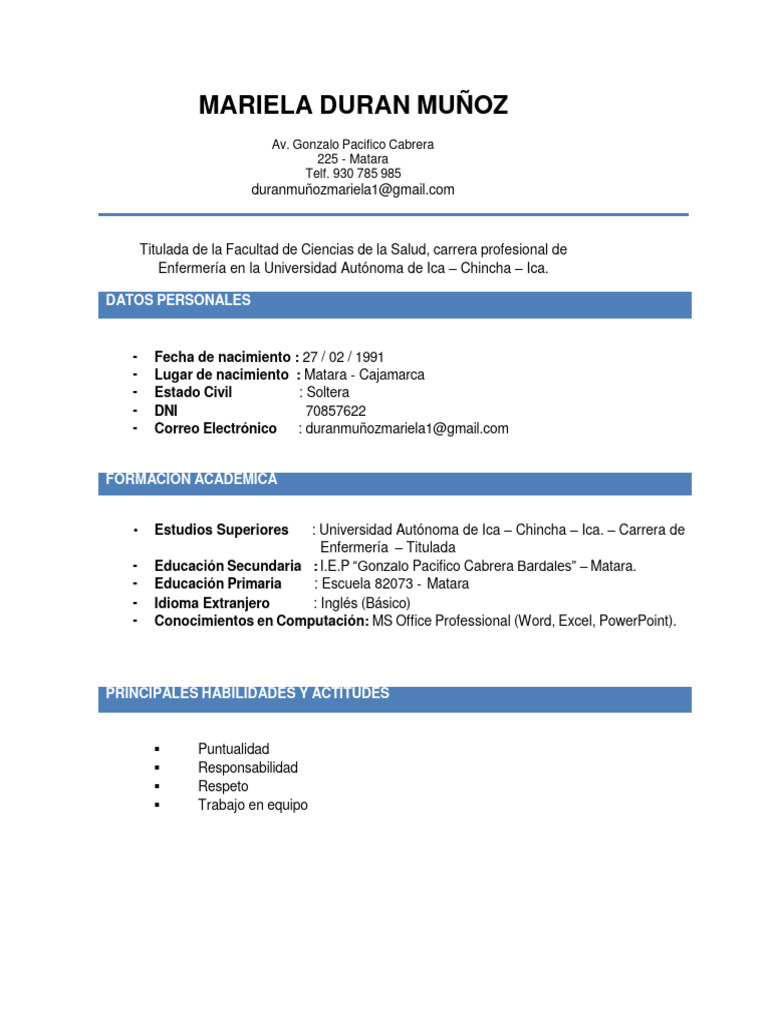 CV. MARIELA DURAN MUÑOZ | PDF | Enfermería | Historial médico