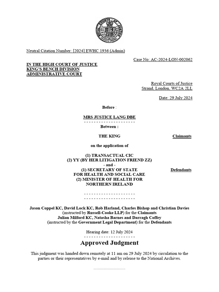 Approved Judgment RTransActual CIC and Anor V SSHSC and Anor | PDF | Medicine | Health Care