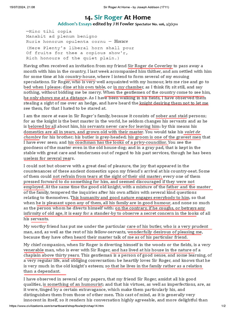 Sir Roger at Home - by Joseph Addison (1711) | PDF | Poetry | Classics