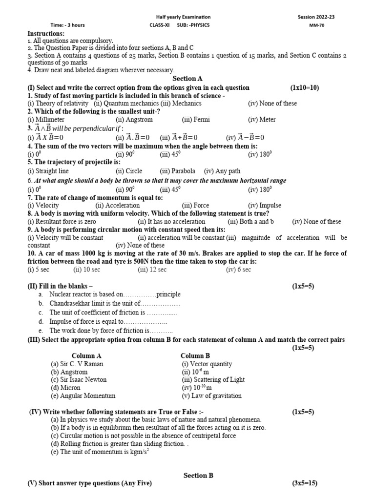 Class 11 Physics Half Yearly Paper2 | PDF | Force | Acceleration