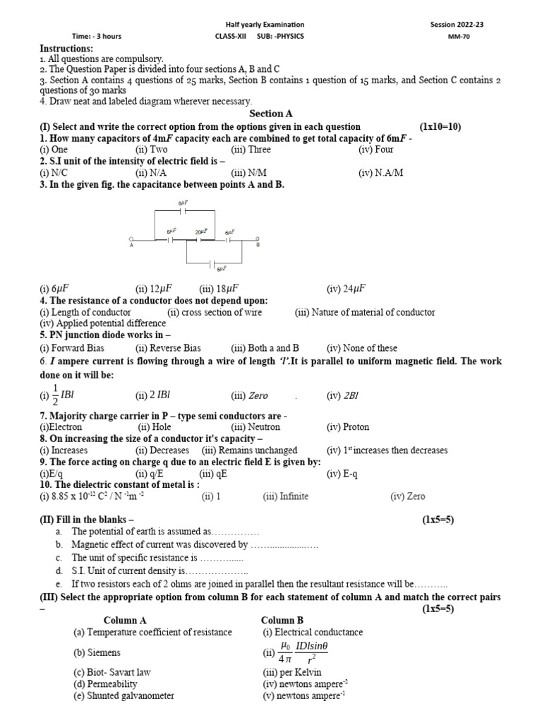 class 12 physics half yearly paper26 | PDF | P–N Junction | Electrical Resistance And Conductance