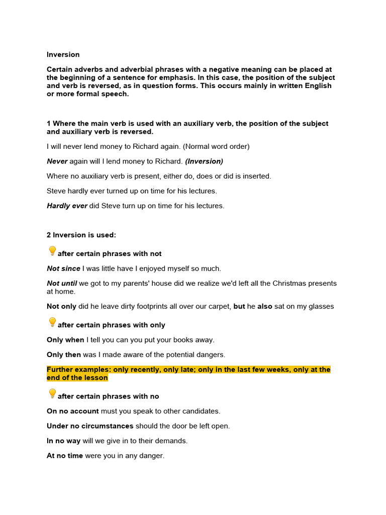 Emphasis - Inversion (With Practice and Key) | PDF | Verb | Adverb